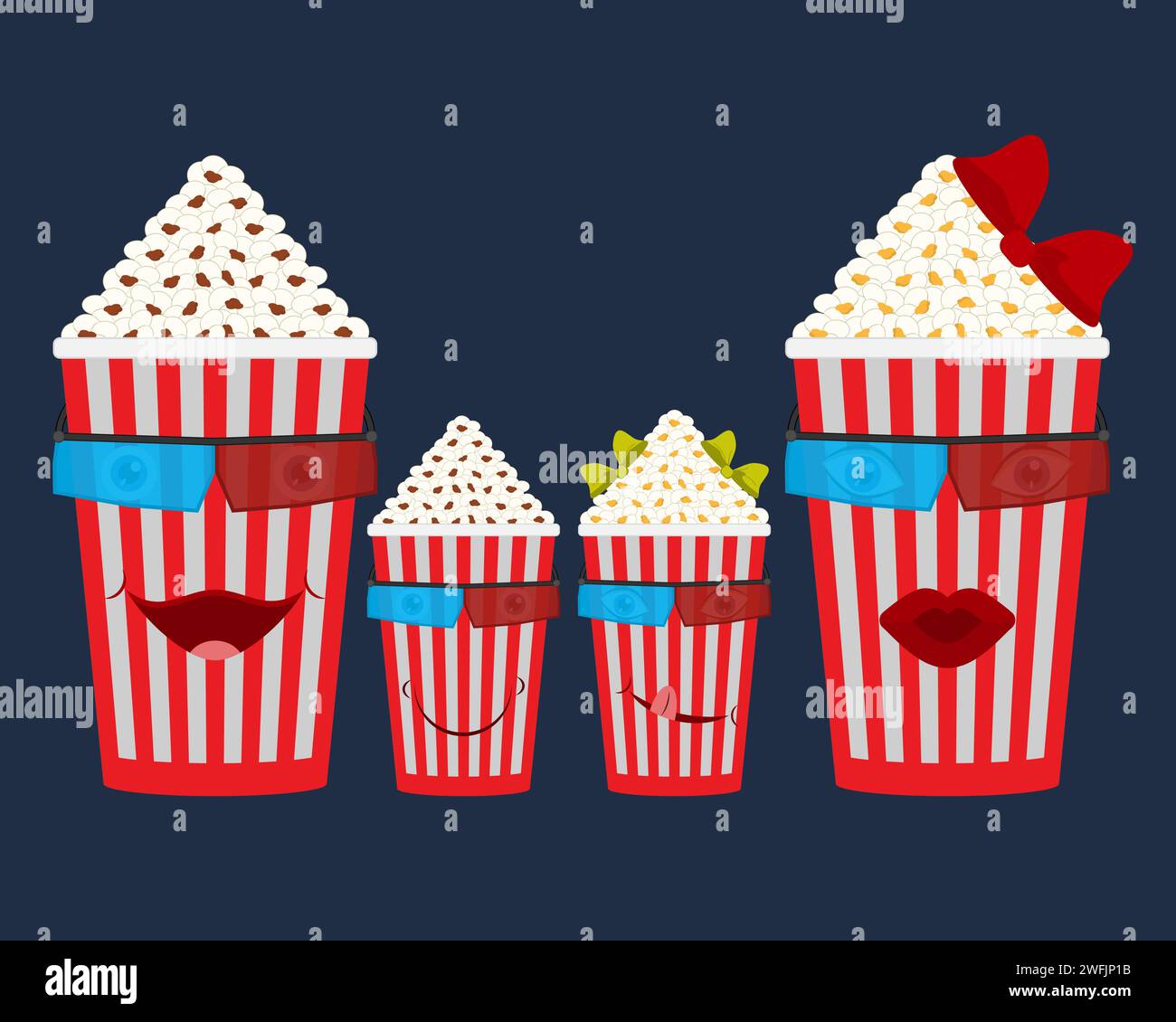 Set of cartoon glasses of popcorn with faces. Full buckets with red and white stripes. Isolated ...