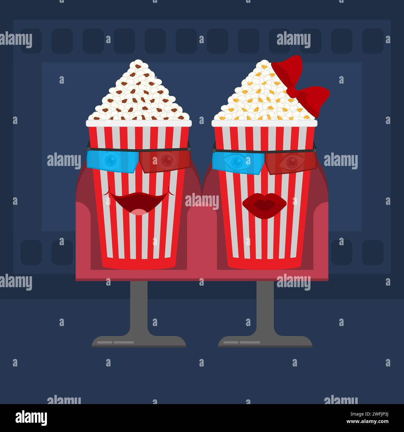 Cartoon glasses of popcorn with faces. Full buckets with red and white stripes. Isolated vector ...