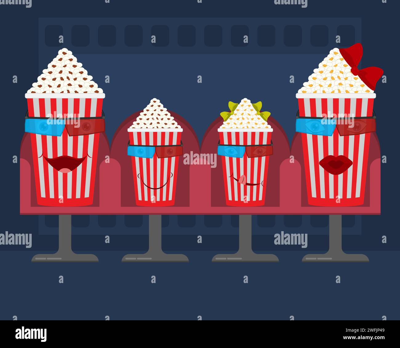 Set of cartoon glasses of popcorn with faces. Full buckets with red and white stripes. Isolated ...