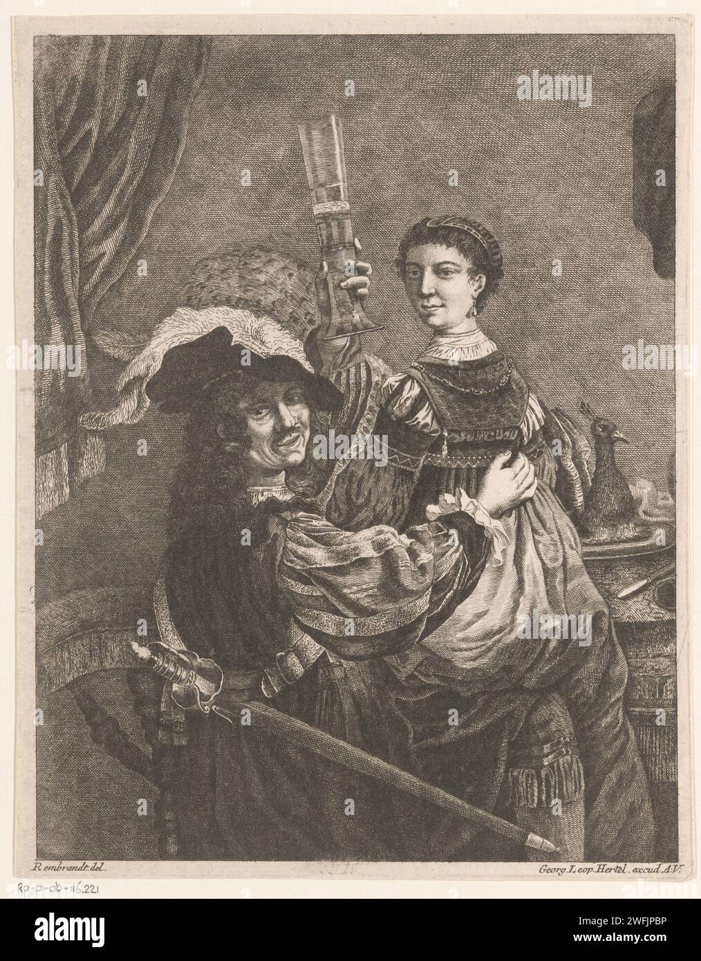 Rich dressed man with glass in his hand and woman on his lap, Georg ...