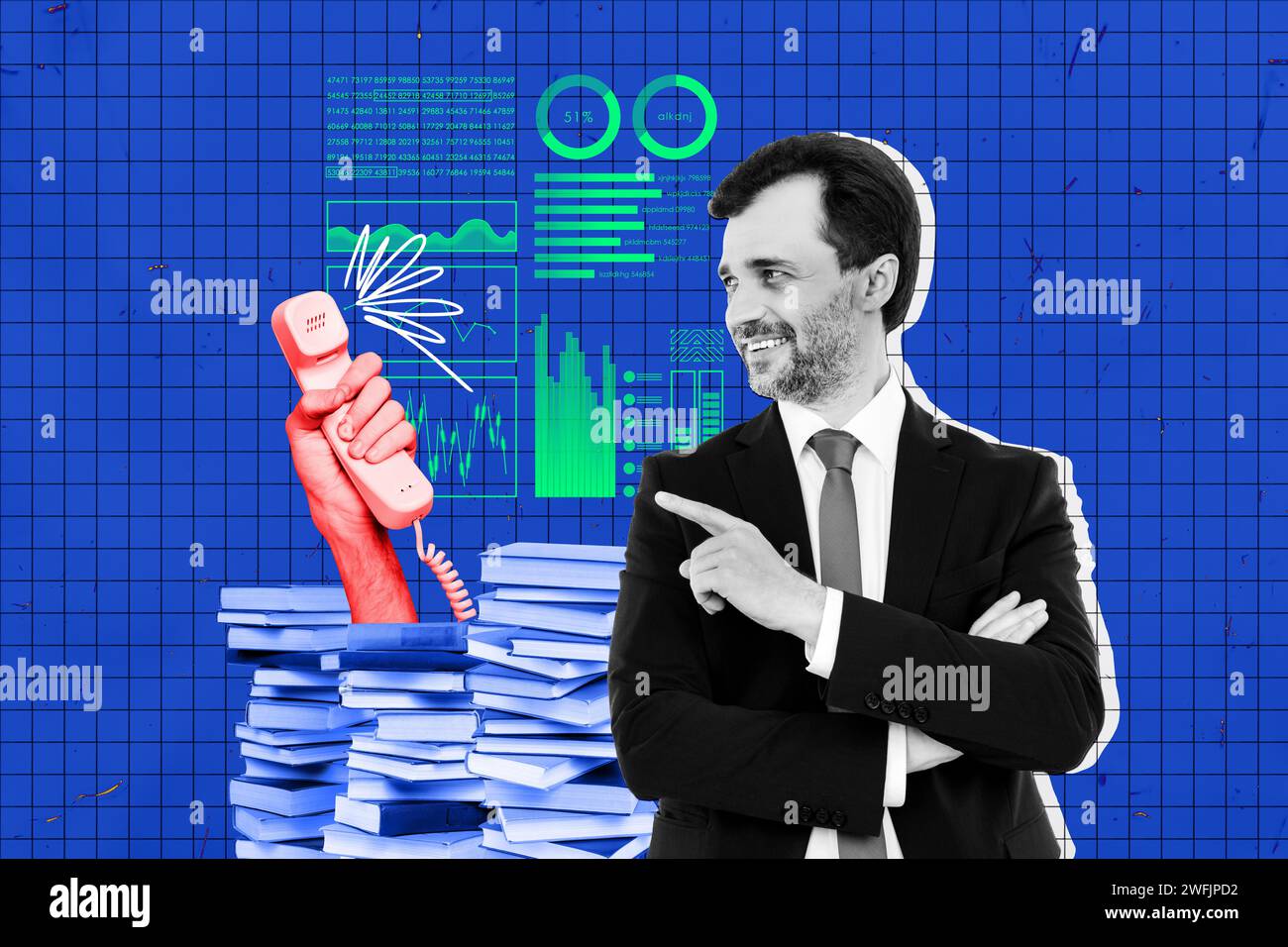 Collage artwork image of successful man speaking with customer earning ...