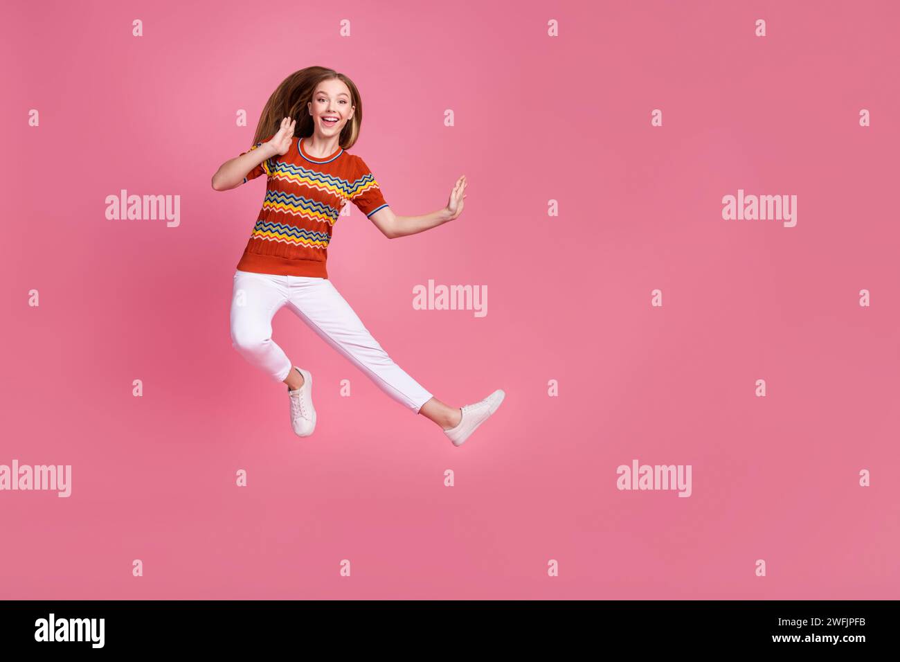 Full length photo of active excited person jump kick fight empty space ...