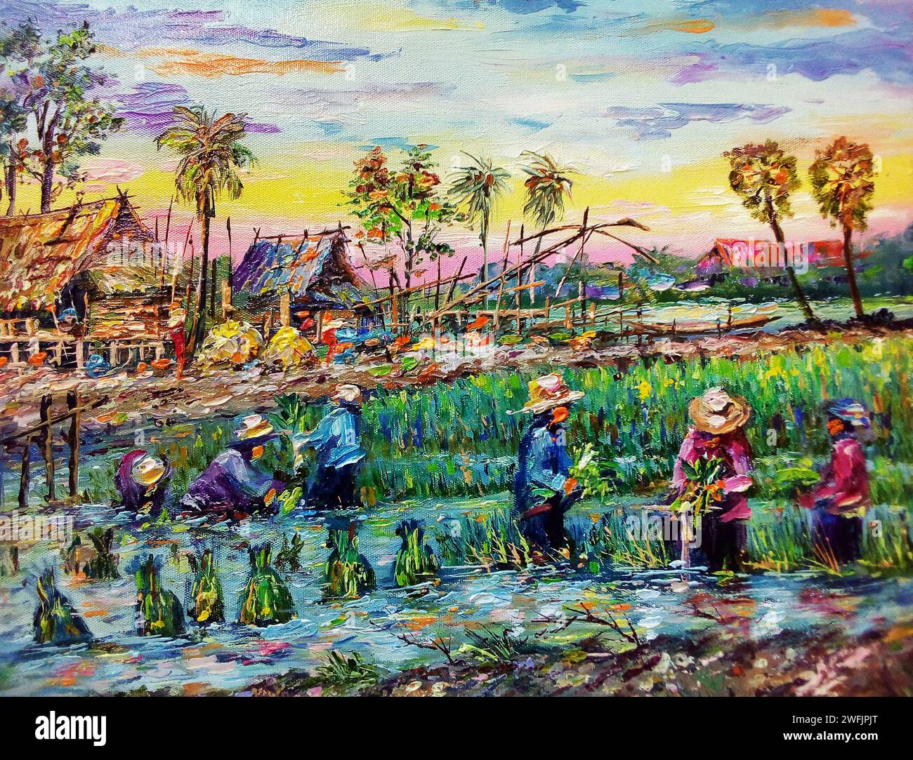 Art painting oil color Thailand Grow rice and Transplant rice seedlings ...