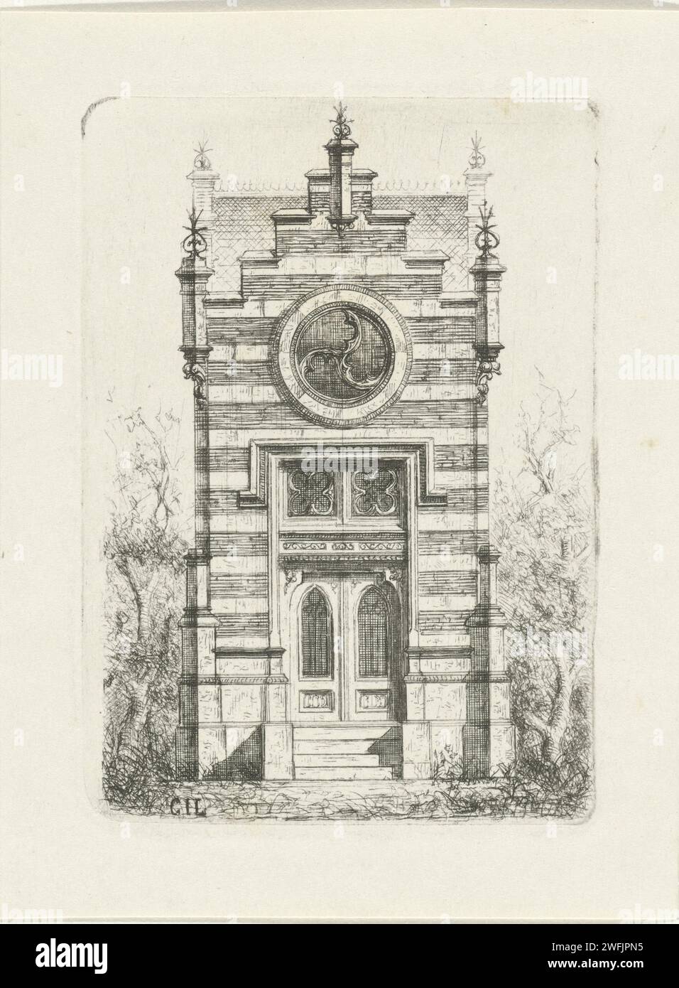 Gothic facade with round window, Cornelis Johan Laarman, 1854 - 1889 ...