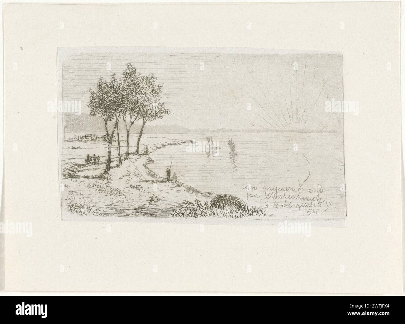 River landscape with rising sun, Joseph Hartogensis, 1854 print The ...