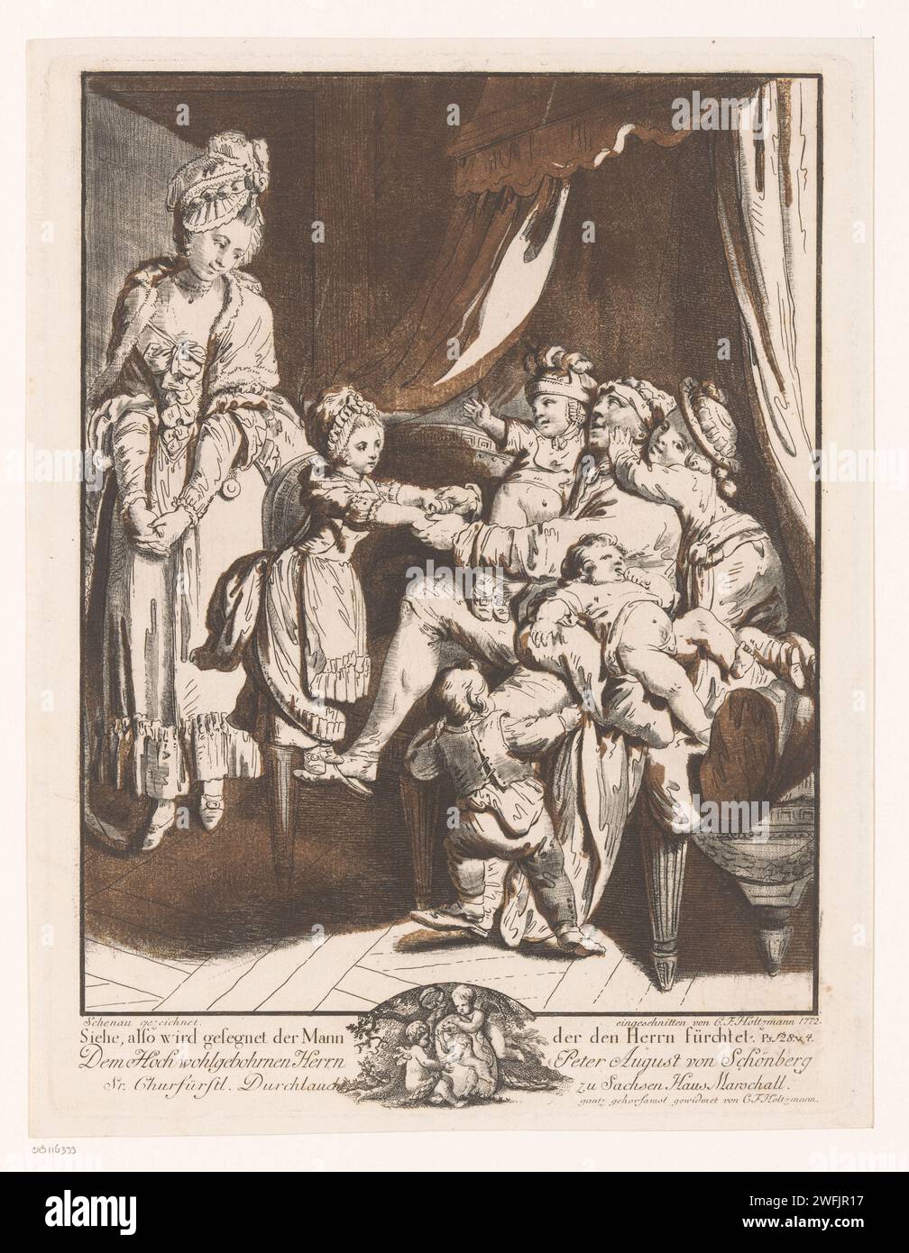 Man on a couch surrounded by five children while his wife stands next ...