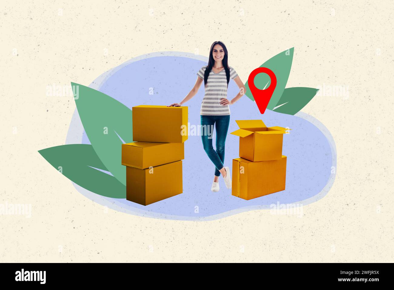 Creative photo collage young happy smiling girl pile packages stack ...