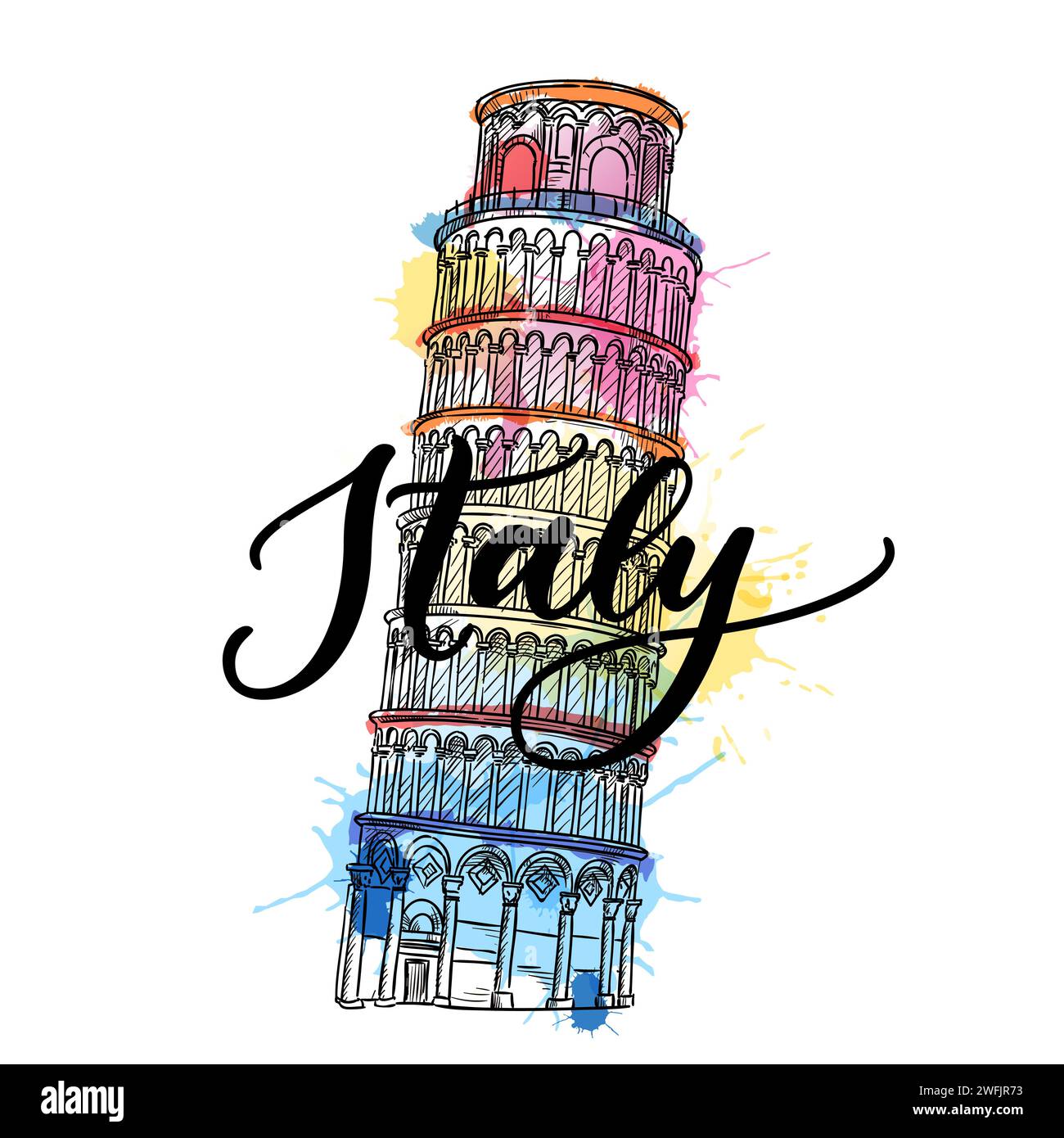 Travel to Italy poster, greeting card, print with hand drawn calligraphy lettering. Vector ...