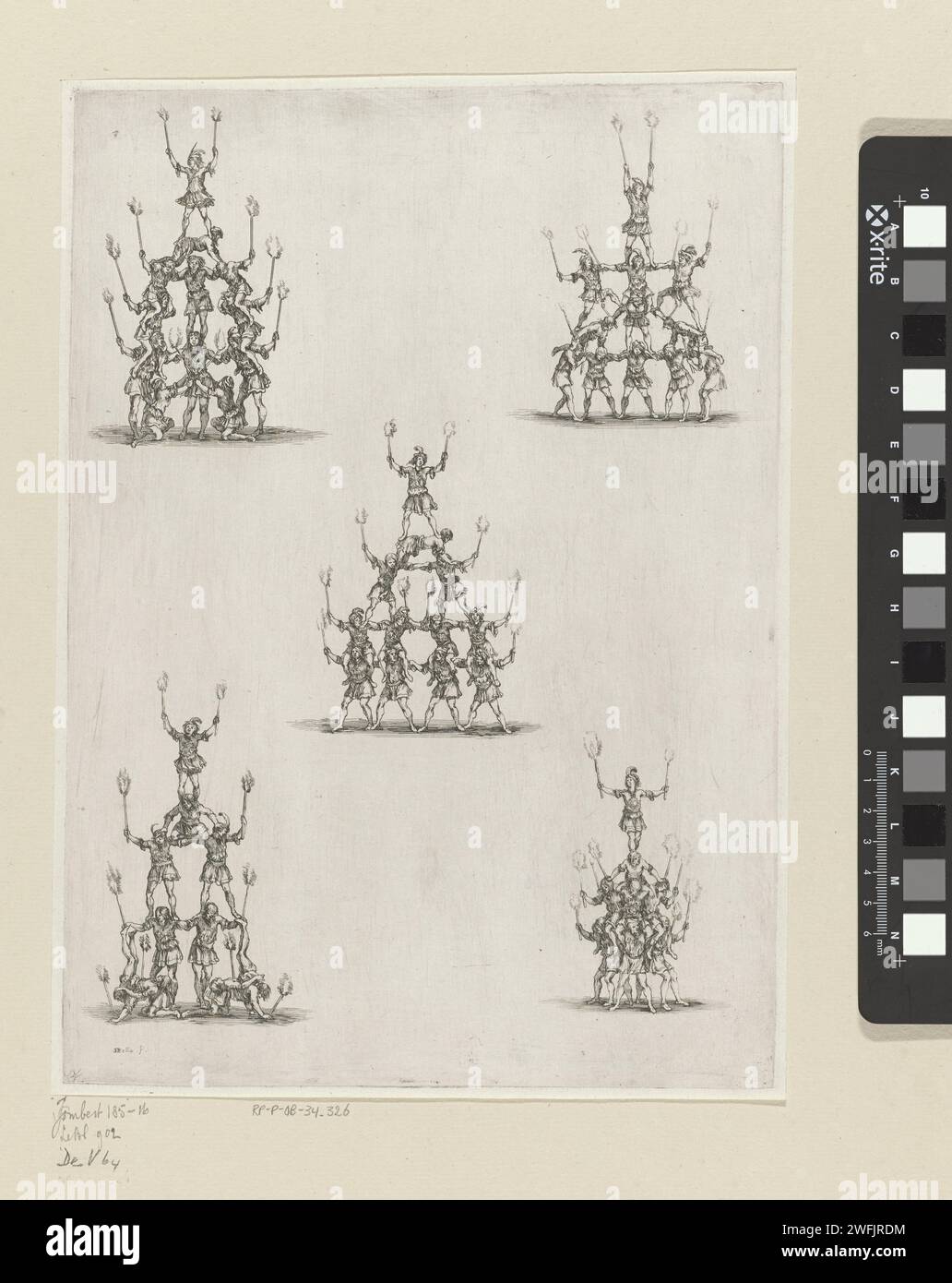 Five groups of ten or twelve acrobats, Stefano della Bella, 1652 print ...