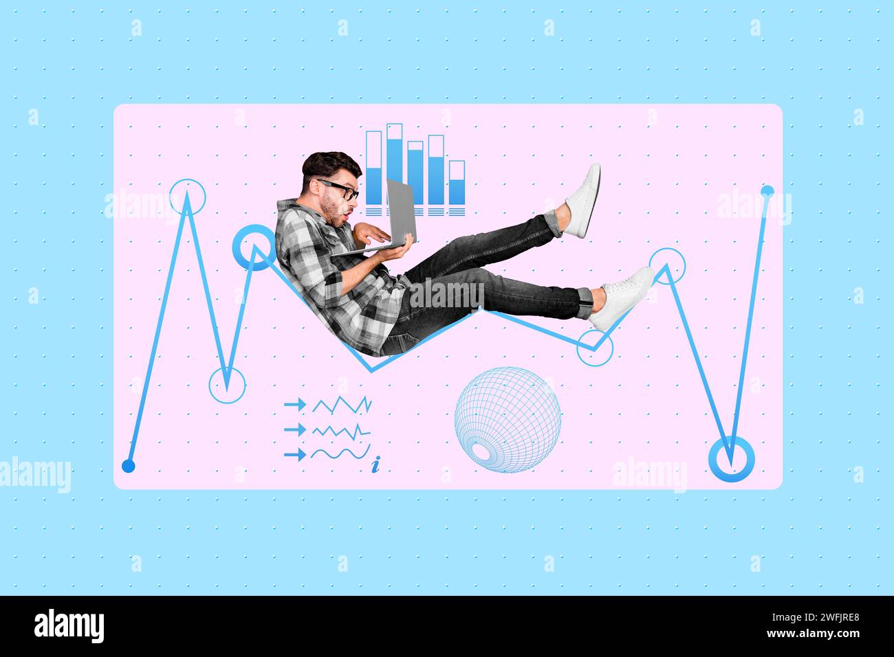 Collage picture photo image lying excited shocked young guy charts ...