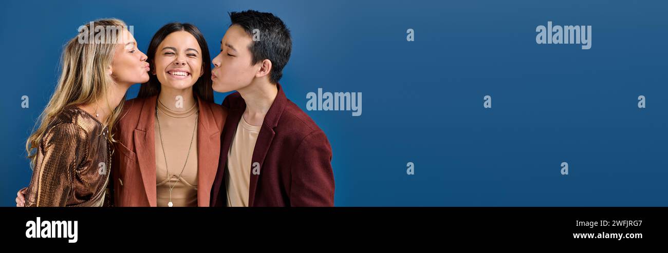 cute diverse teenage boy and girl kissing their jolly friend in cheek ...