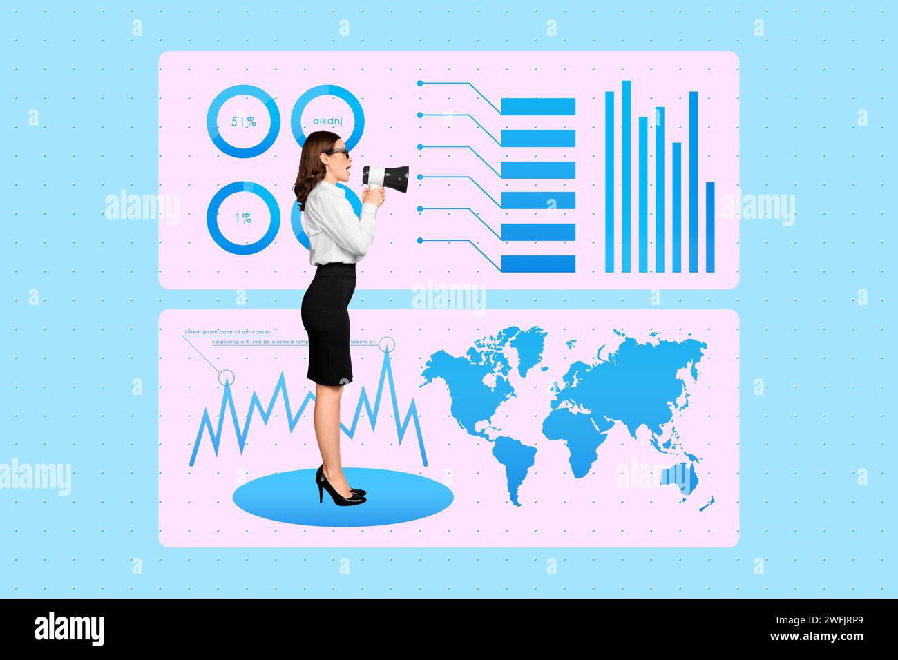 Photo illustration creative collage business lady announce results ...