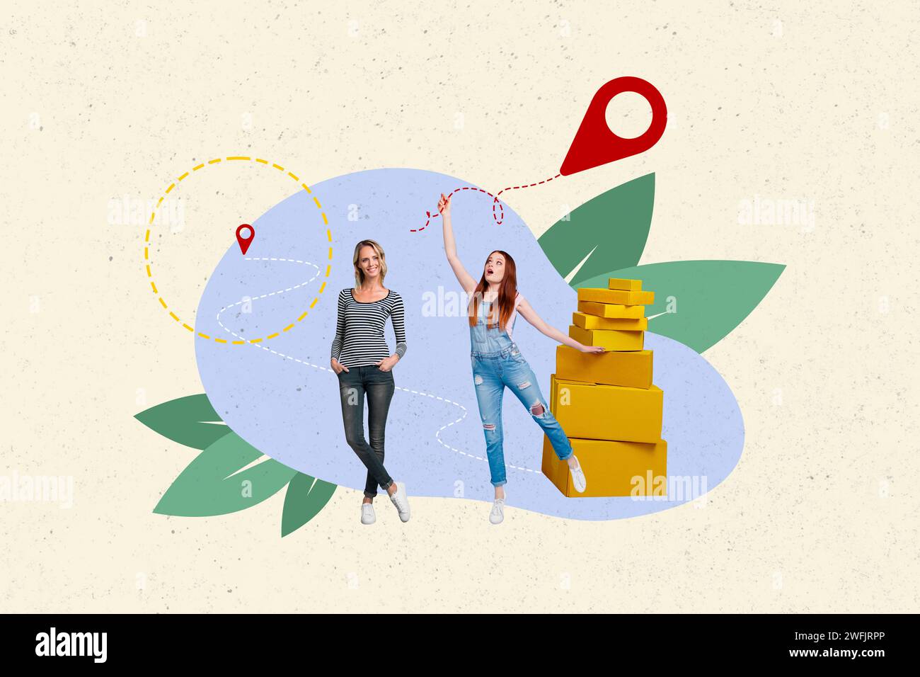 Creative collage picture two young girls standing receive send packages ...