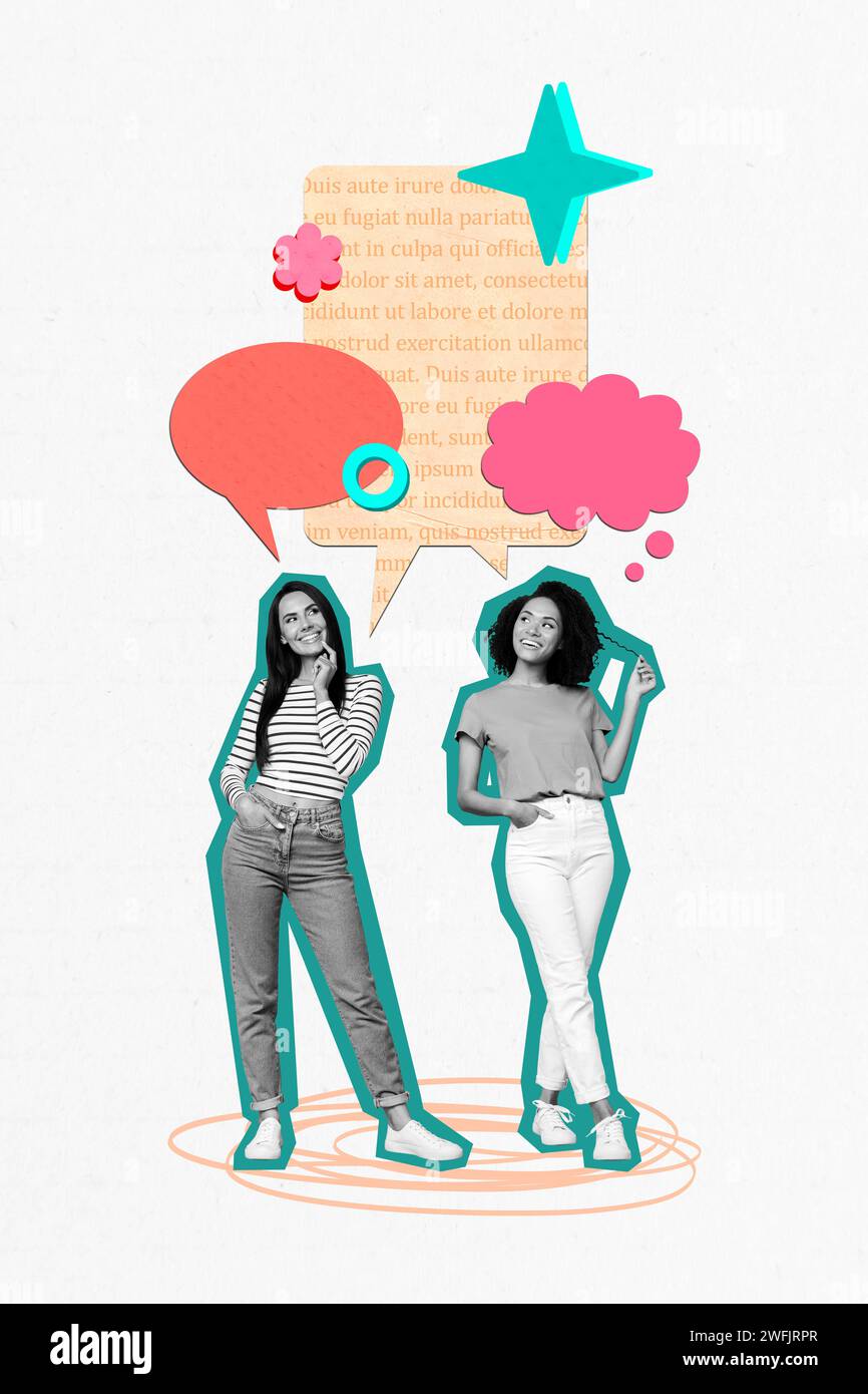 Vertical contemporary photo collage of two friends girls thinking of ...