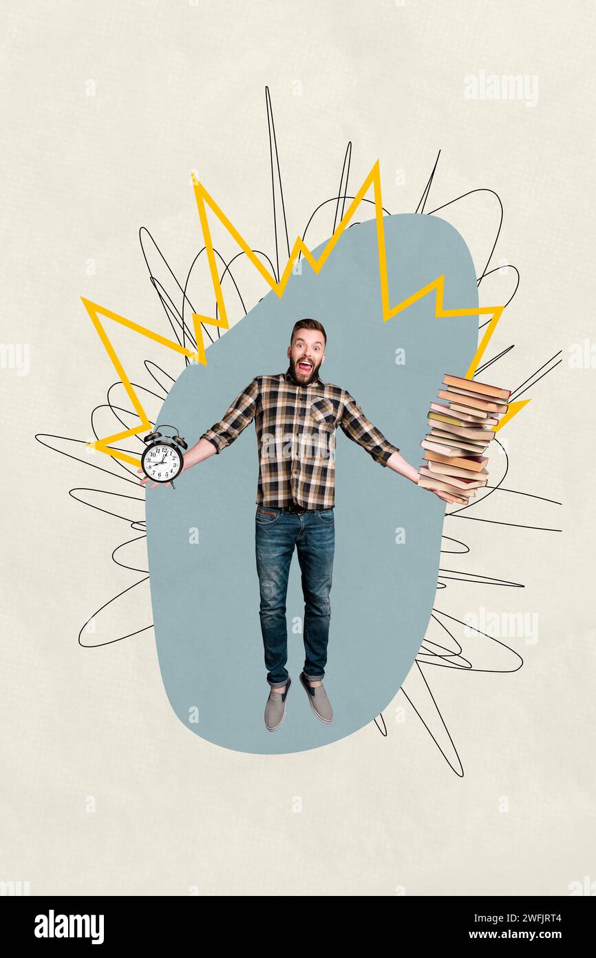 Vertical creative collage picture young amazed crazy guy student hold ...