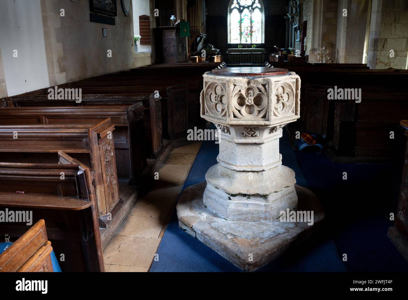 The font, St. Eadburgha`s Church, Ebrington, Gloucestershire, England ...