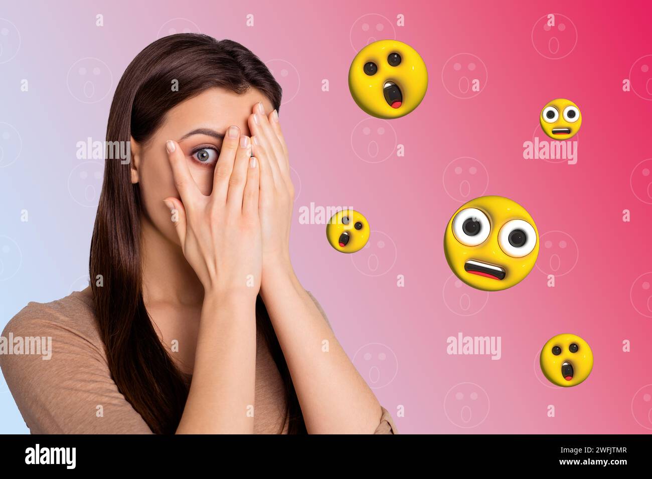 Creative trend collage of funny female hide face frightened amazed ...