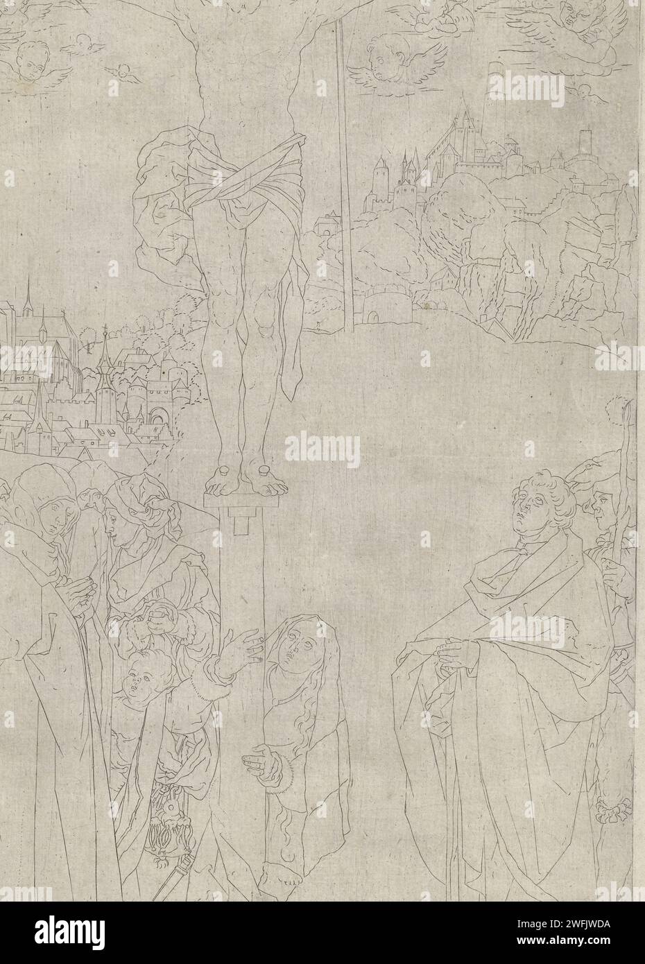 De Kruisiging, Anonymous, After Albrecht Dürer, 1590 - 1610 print Christ on the cross with many ...