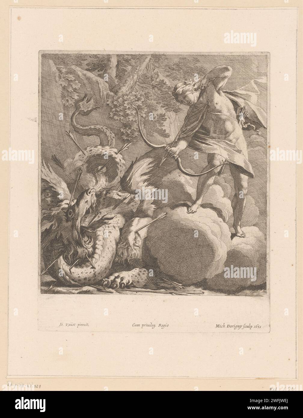 Apollo doodt Python, Michel Dorigny, after Simon Vouet, 1651 print France paper engraving ...