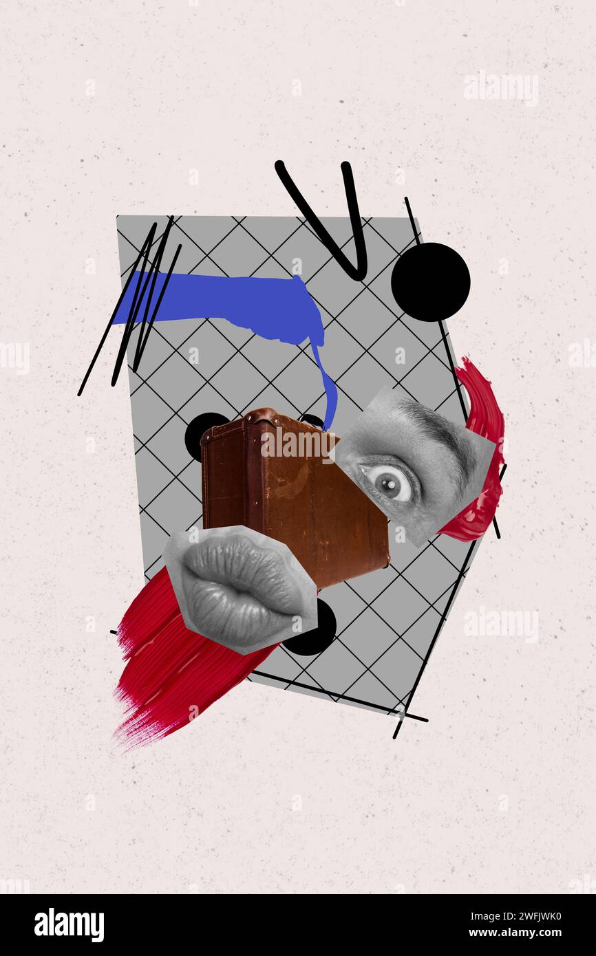 Vertical of chaos illustration collage of absurd man plump lips excited ...