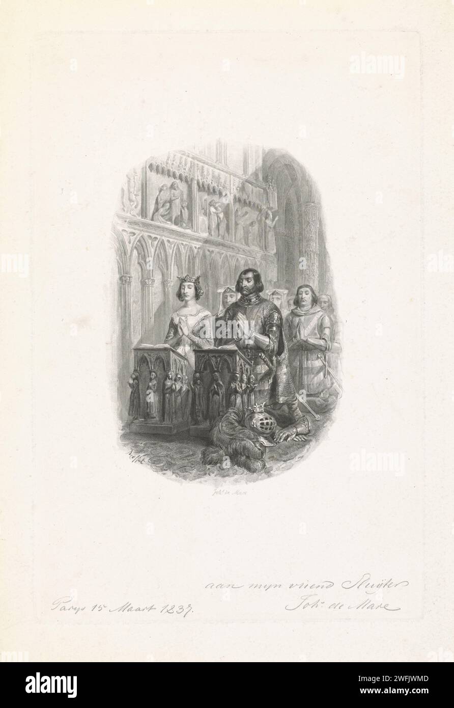 Knight and lady during church service, Johannes de Mare, after Denis ...