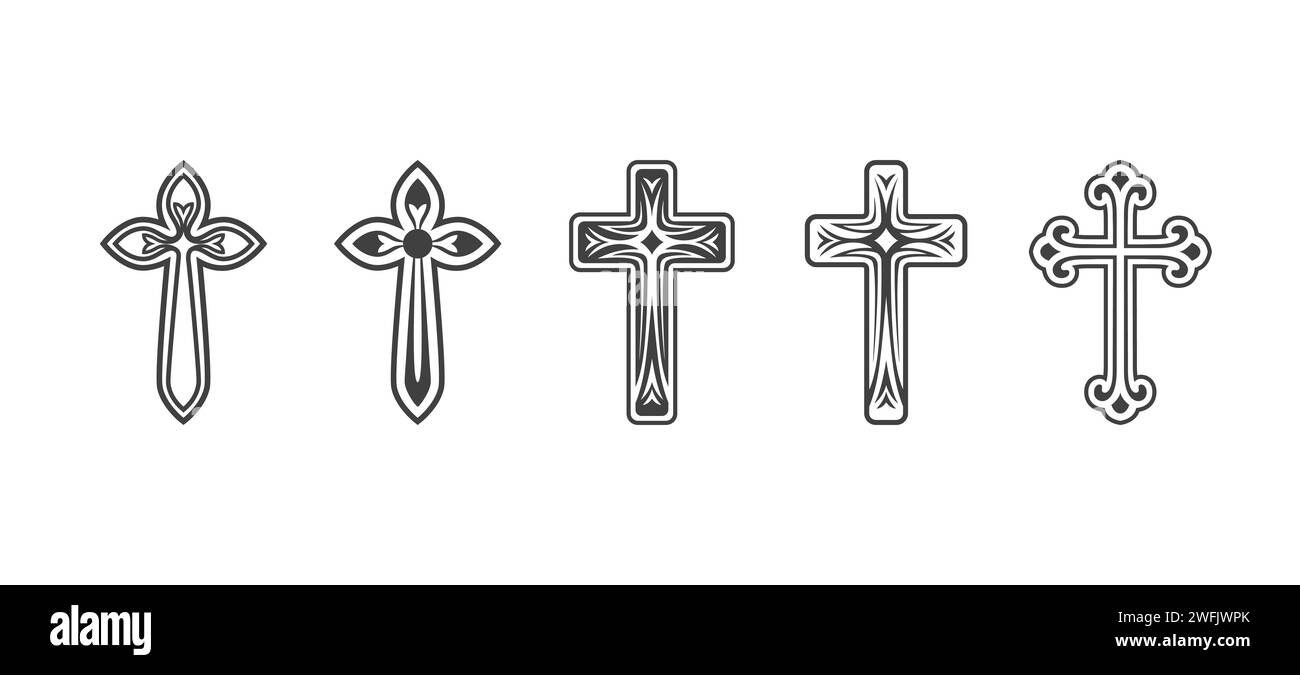 Flat Vector Black Christian Cross Icons Set Isolated on a White ...