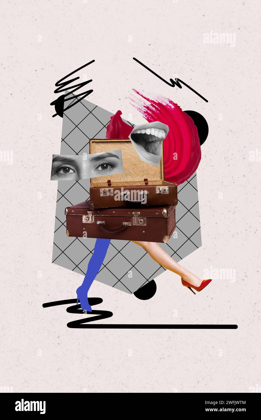 Painted collage picture of absurd person headless tourist woman with ...