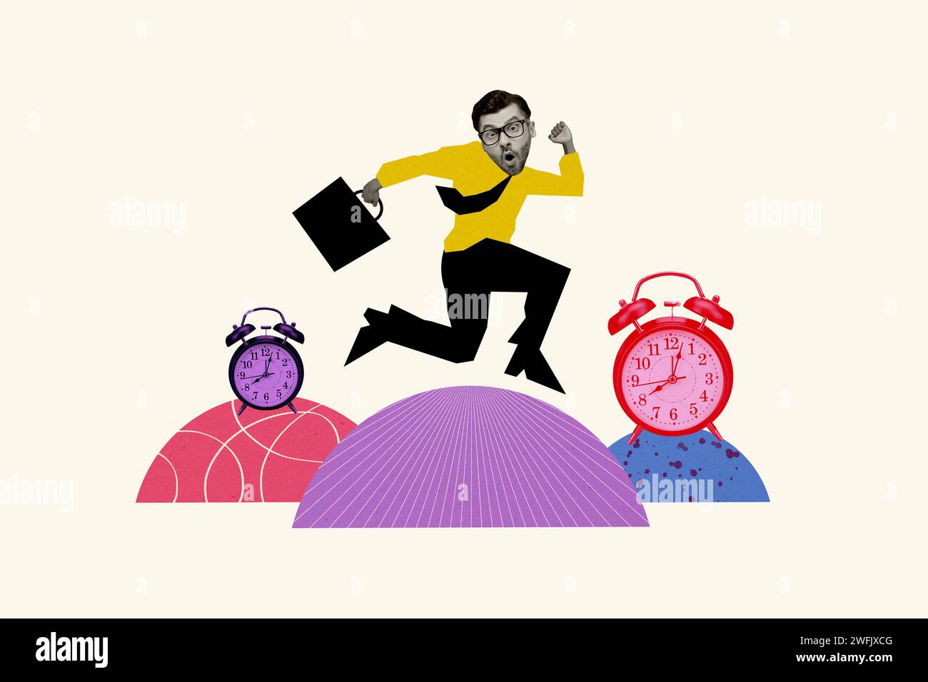 Creative photo image collage running young businessman carry diplomat ...