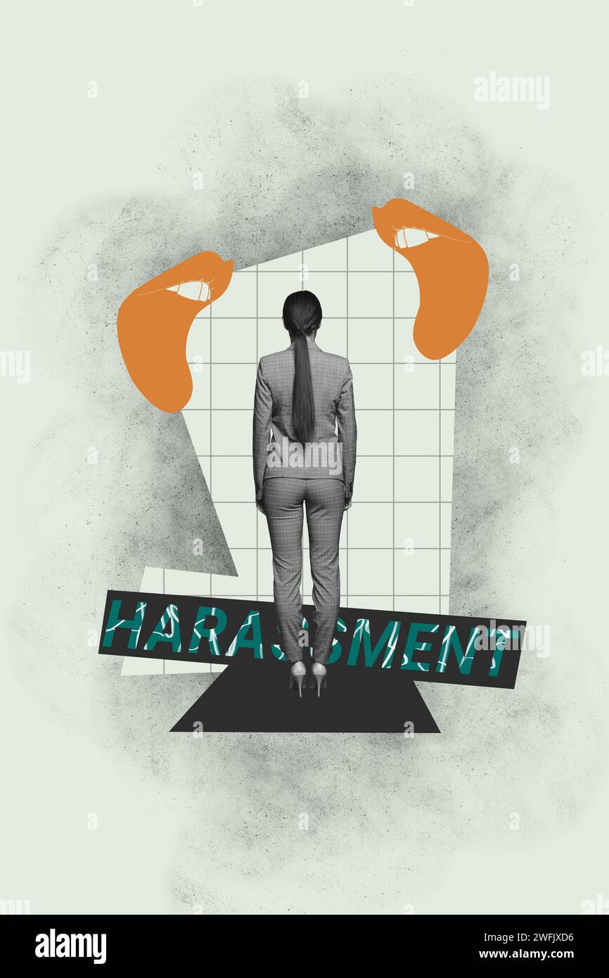 Vertical banner collage of rear view female business leader standing ...