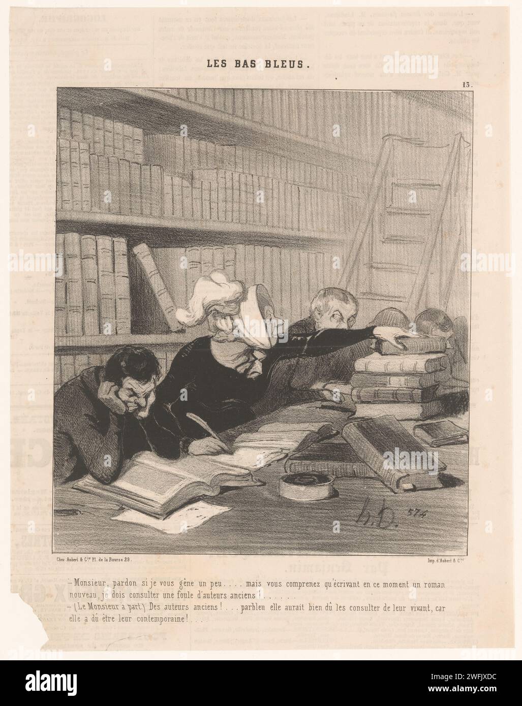 Caricature of a writing woman in the library, Honoré Daumier, 1844 The ...