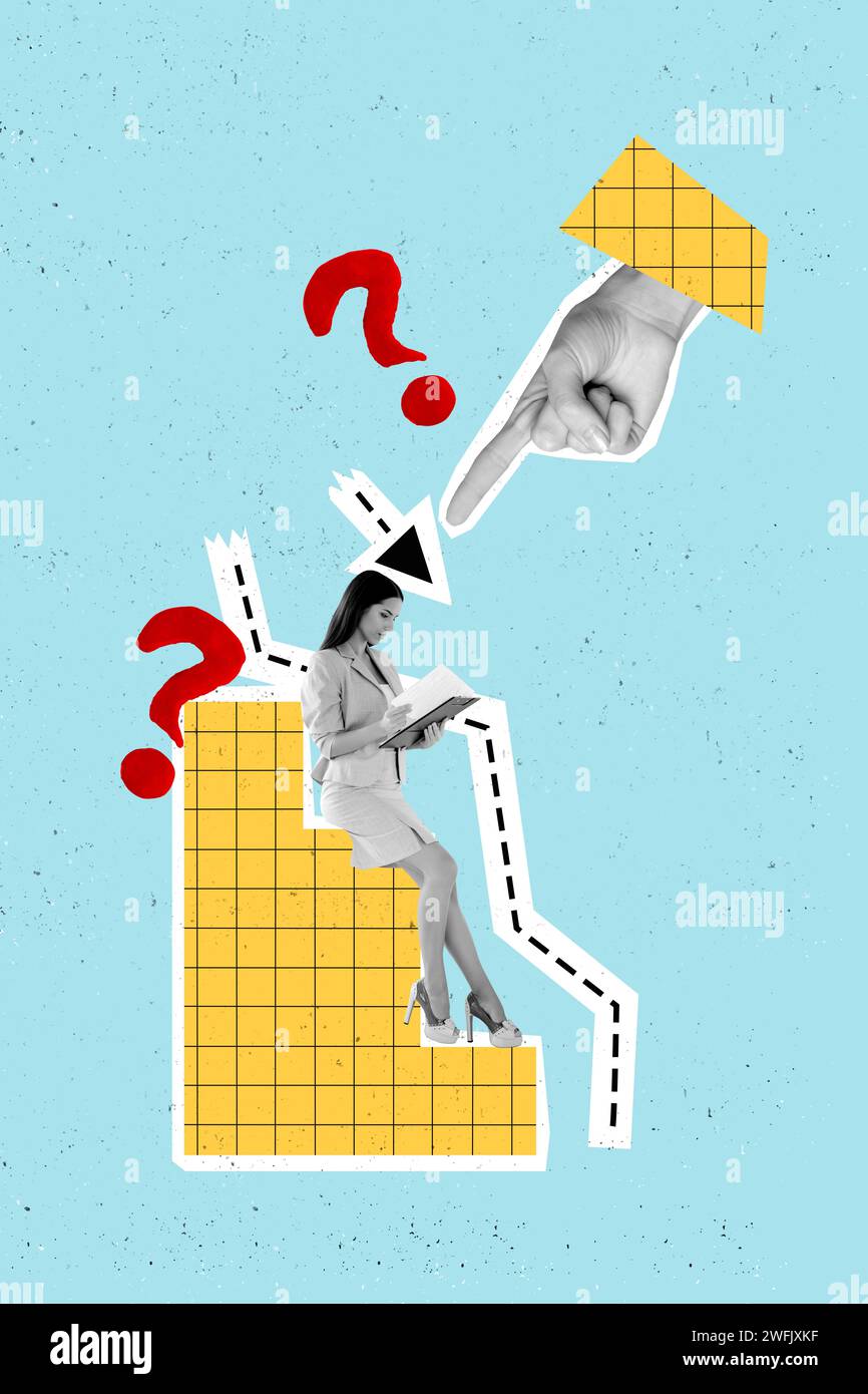 Vertical creative photo collage young woman entrepreneur failure arrow recession crisis ...