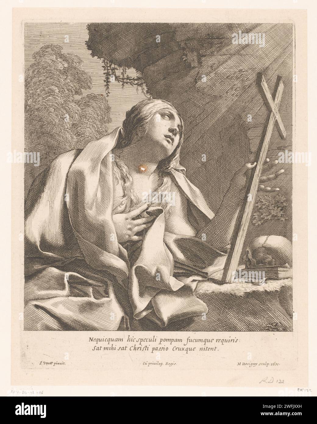Maria Magdalena praying at a cross, Michel Dorigny, After Simon Vouet, 1651 print France paper ...