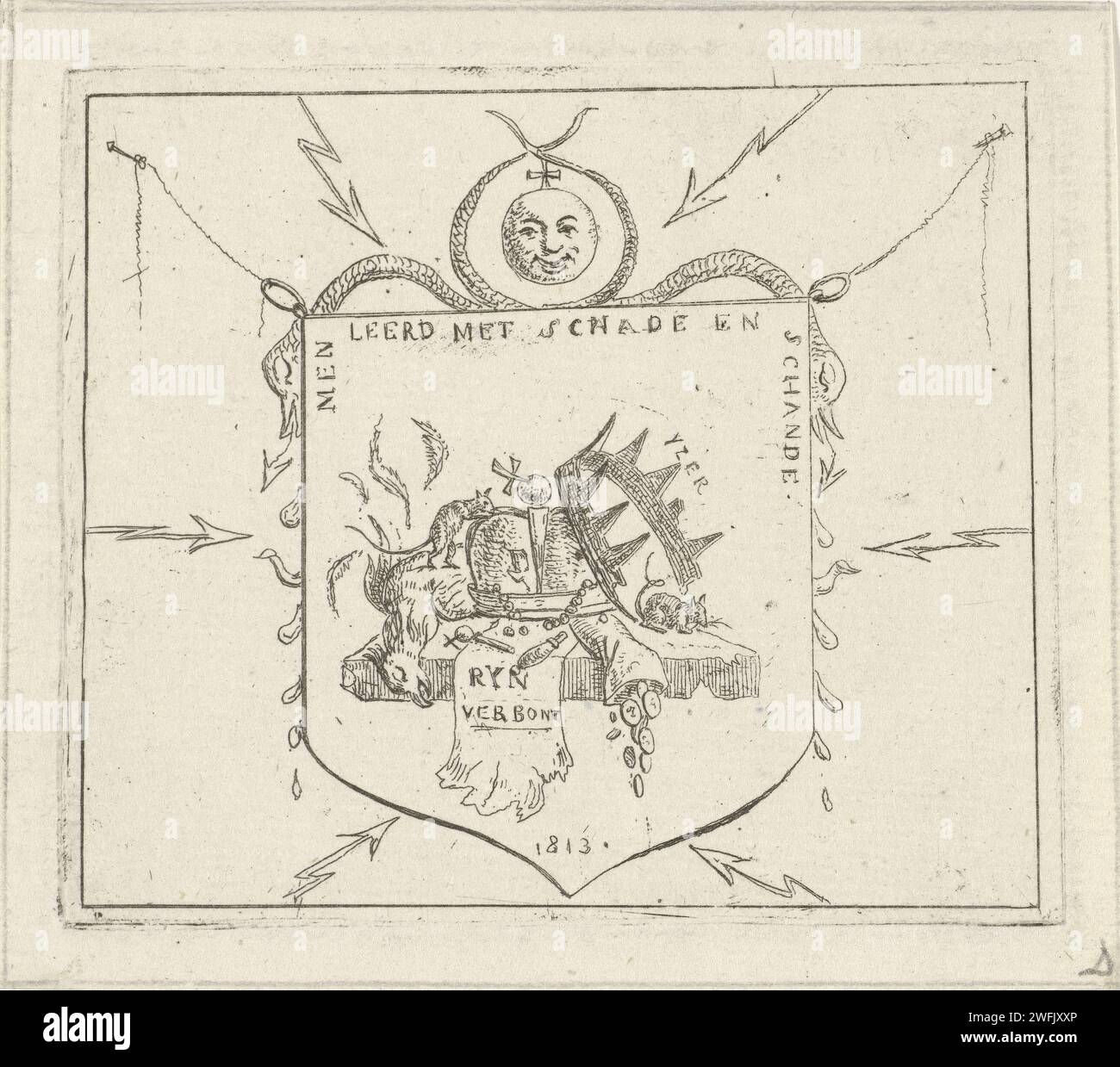 Coat of arms with broken crowns and a torn banner of the Rijnbond, 1813 ...