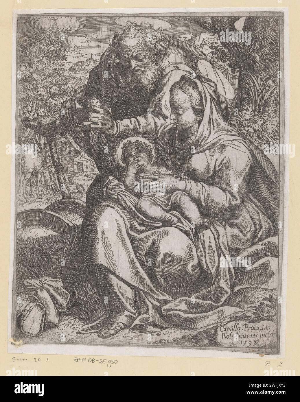 Rest on the Flight into Egypt, Camillo Procaccini, 1593 print Mary sits on a tree with the ...