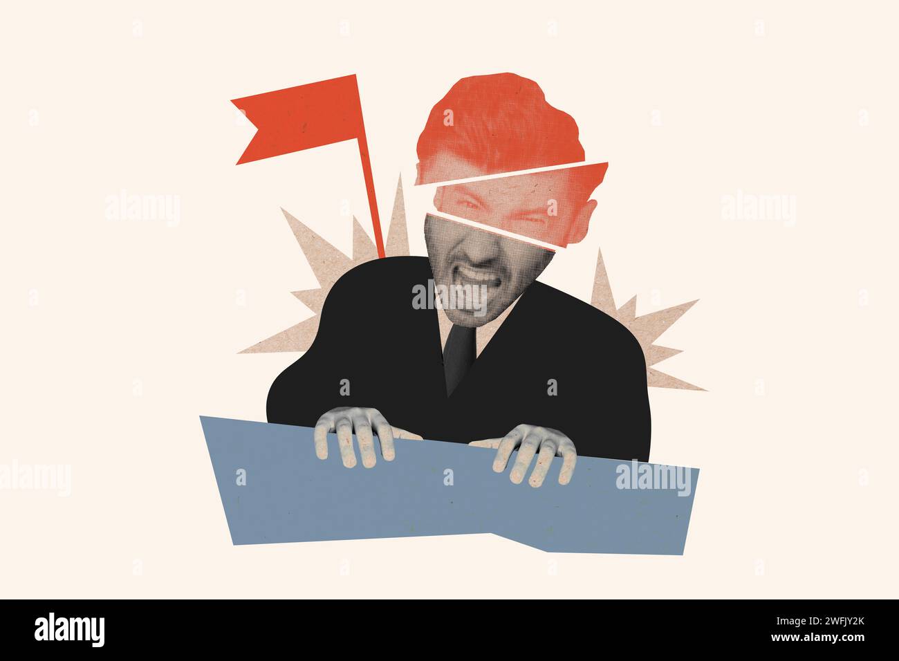 Creative collage young outraged boss feel angry aggressive furious ...