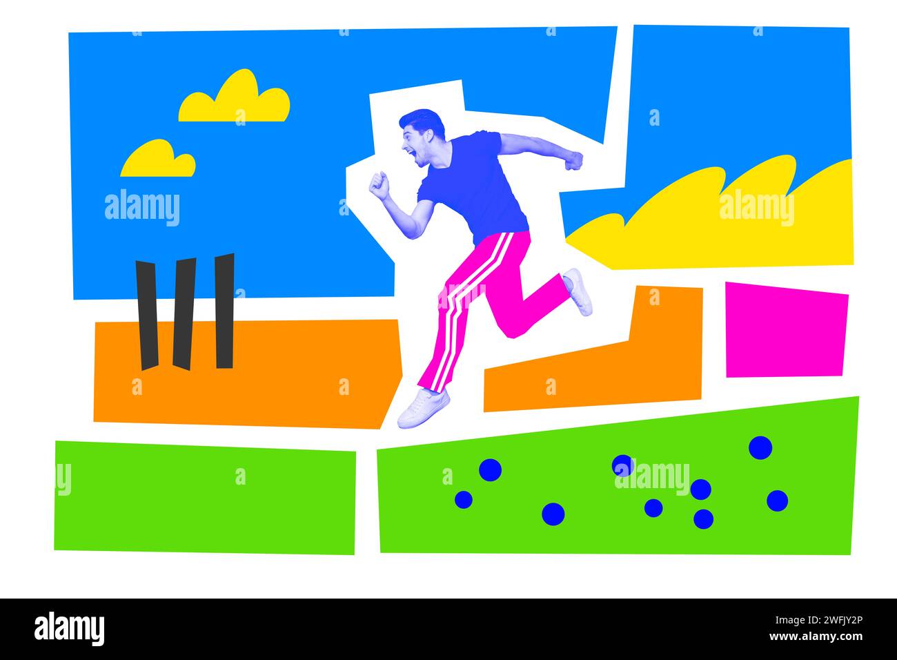 Creative photo collage young excited sportive guy runner fast marathon ...