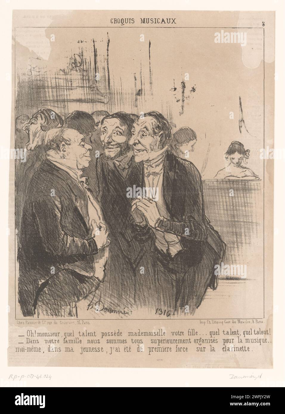 Caricature of two men who compliment the father of a singer, Honoré ...