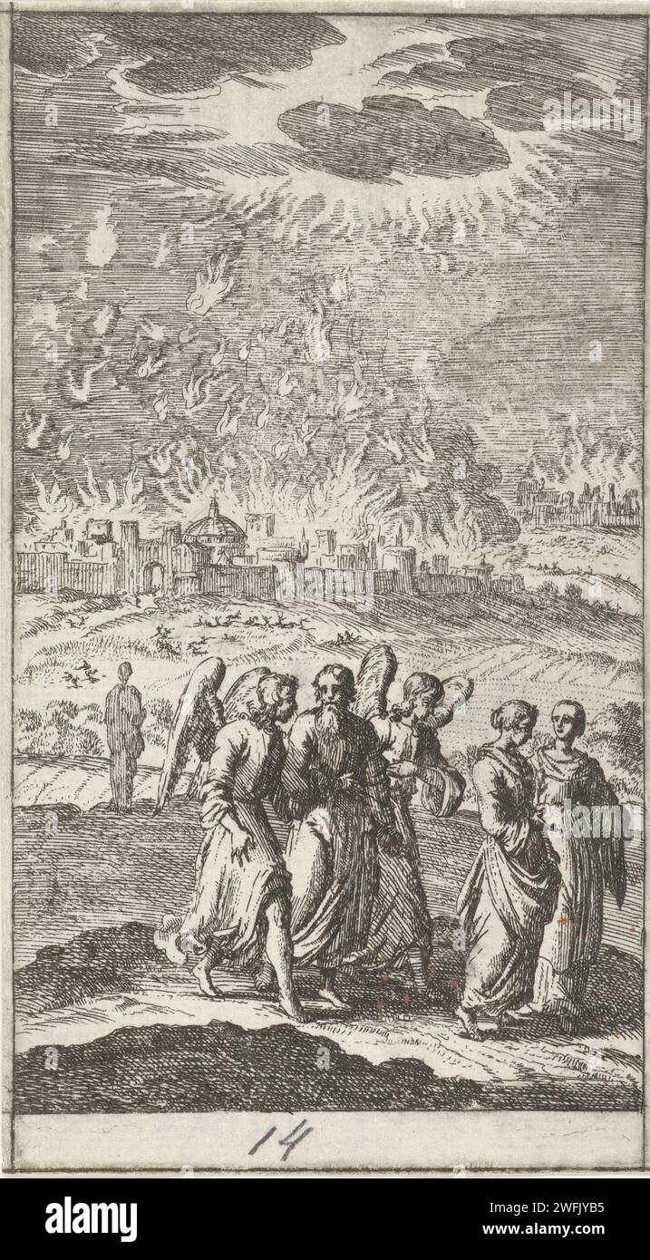 Lot and his daughters leave the burning Sodom, Anonymous, After Jan Luyken, 1681 - 1762 print ...