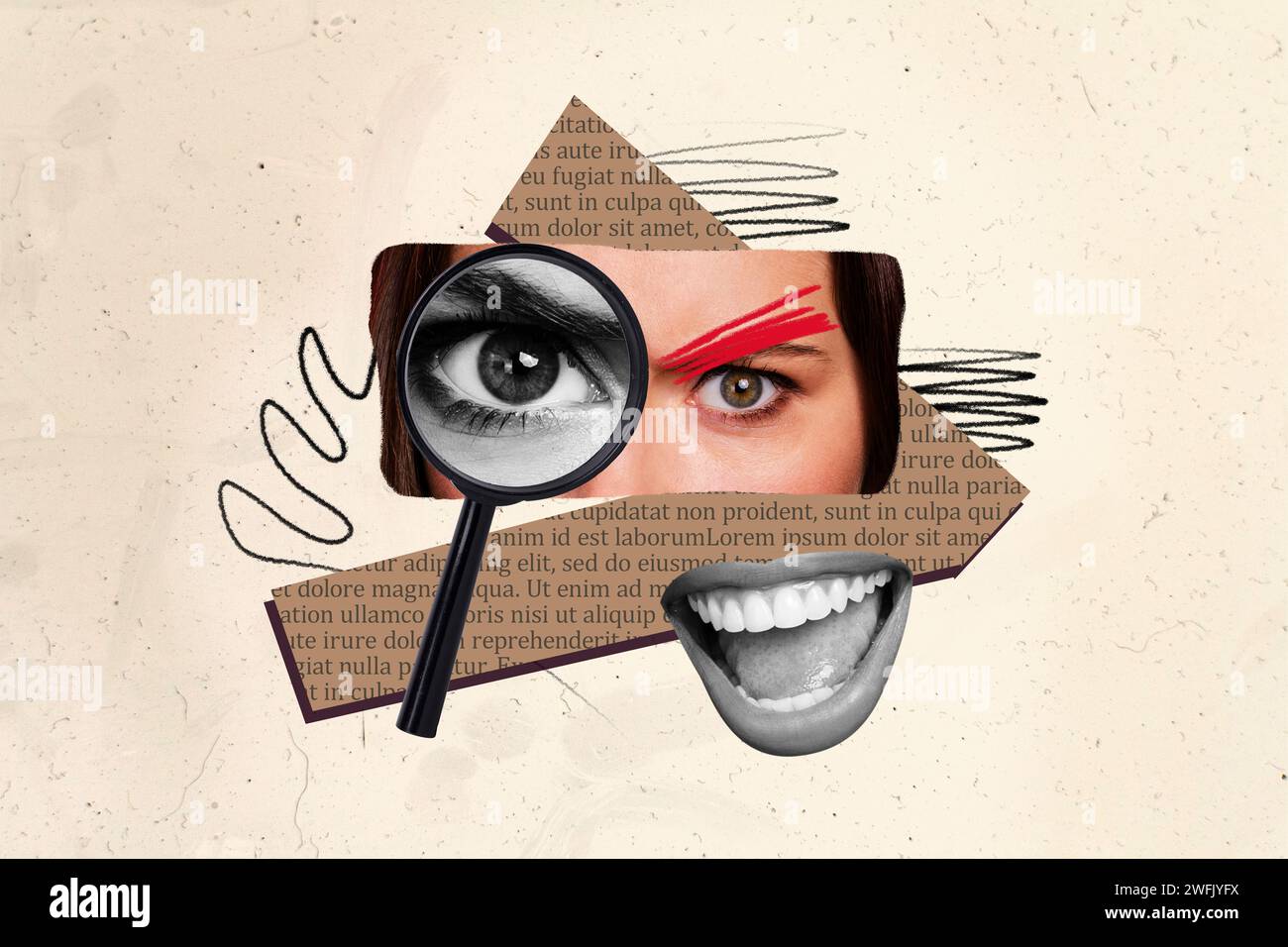 Collage poster sketch of detective looking magnifier enlarging object ...