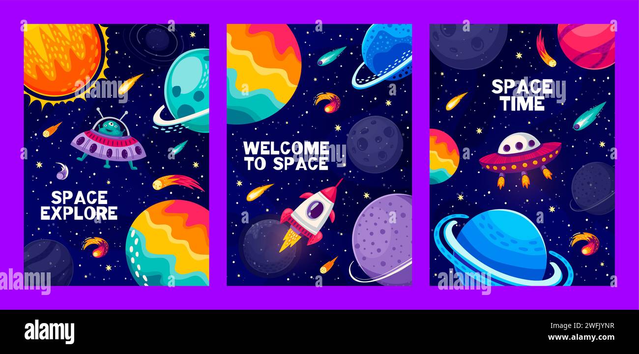 Cartoon space landscape posters with vector alien character, rocket and ...