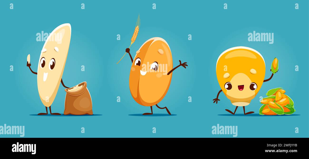 Wheat, rice and corn grain cartoon characters, happy funny cute cereal ...