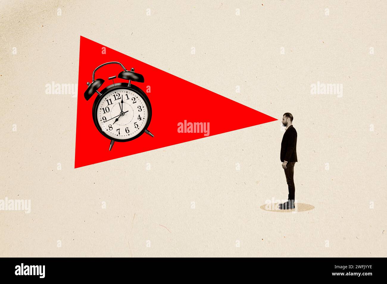 Creative collage picture standing businessman guy think stare clock ...