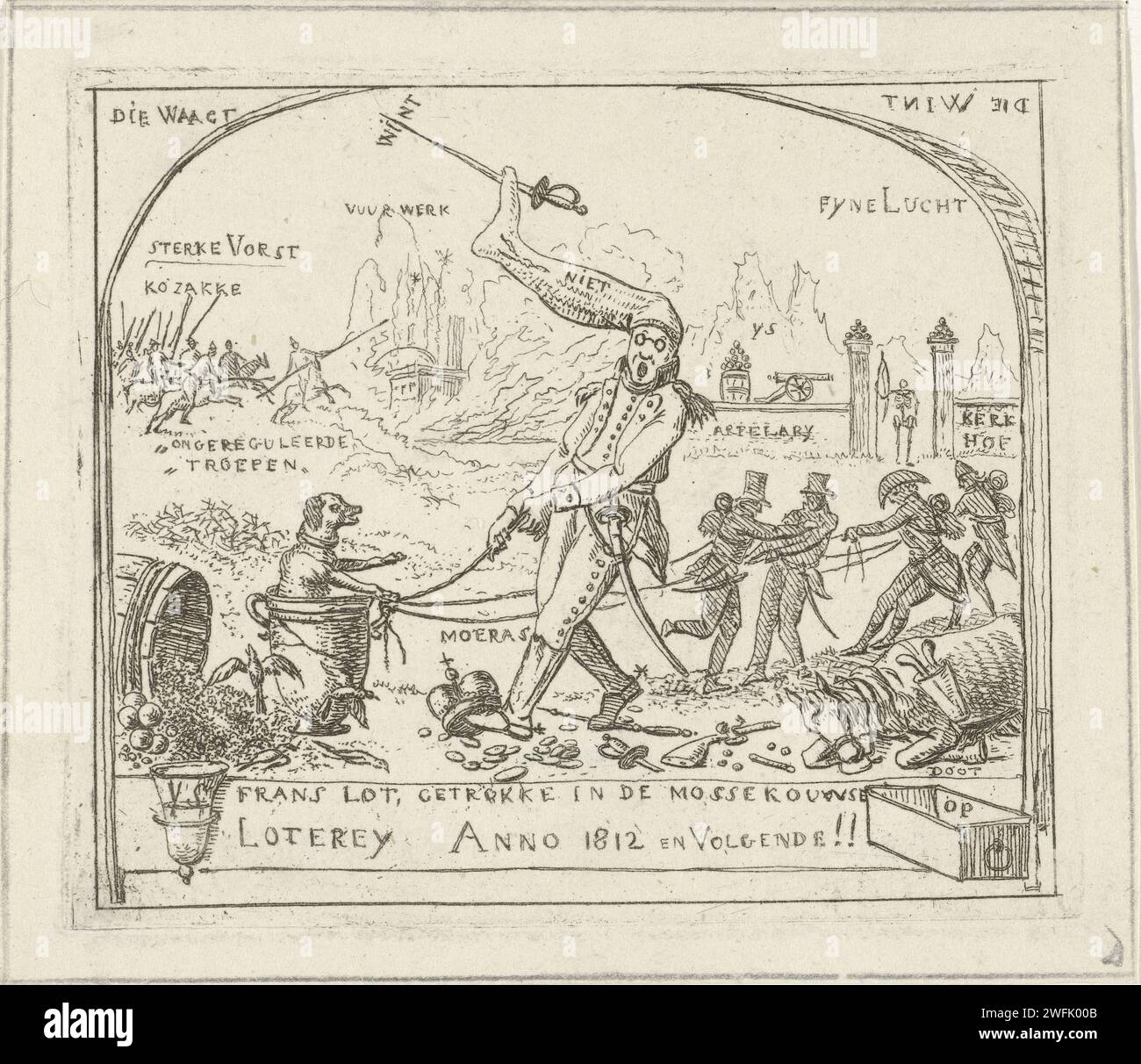 Napoleon pulls a dog in a cup through the swamp, 1813 print Napoleon ...
