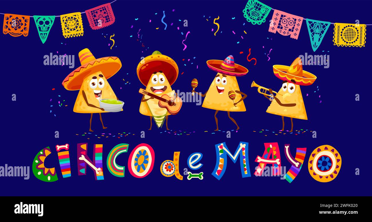 Cartoon mexican nacho characters on Cinco de Mayo holiday party banner ...