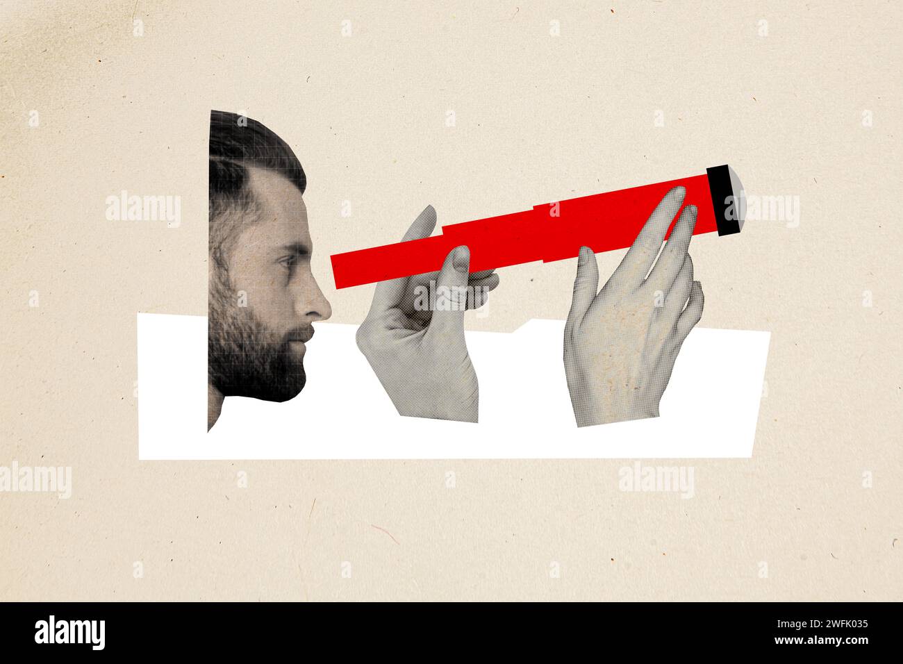 Photo collage image young man staring watching monocular oversee ...