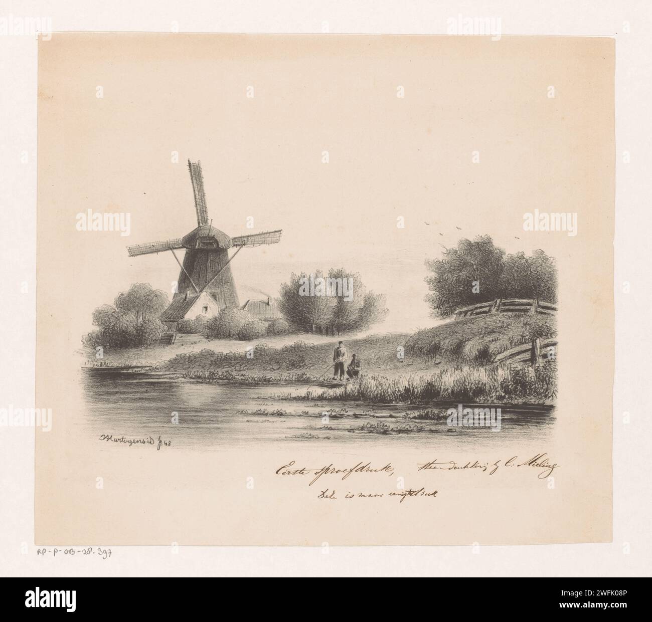 Landscape with mill and two fishermen, Joseph Hartogensis, 1848 print ...