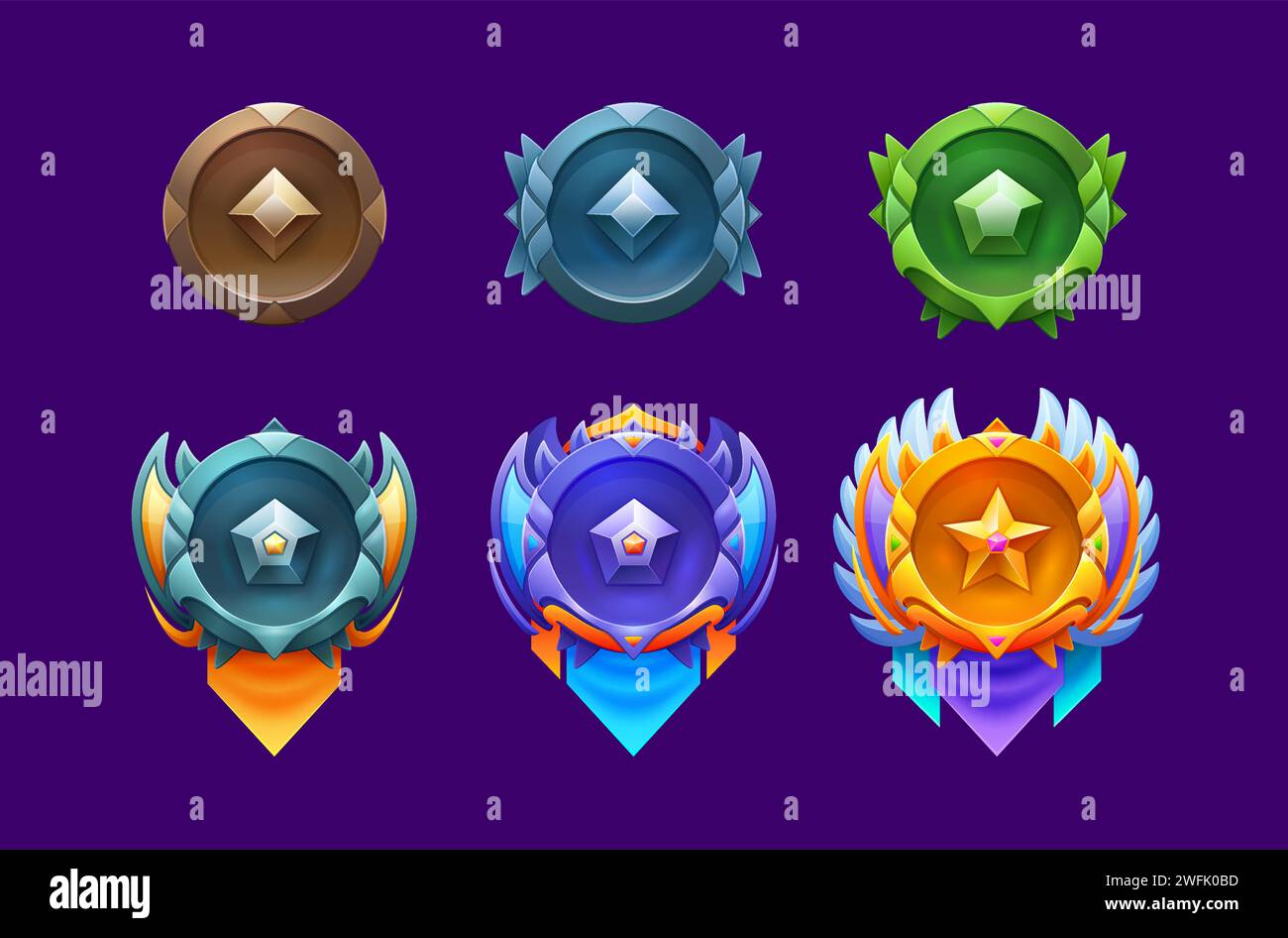 Game level rank badges or rate trophy. Cartoon vector set of gold ...