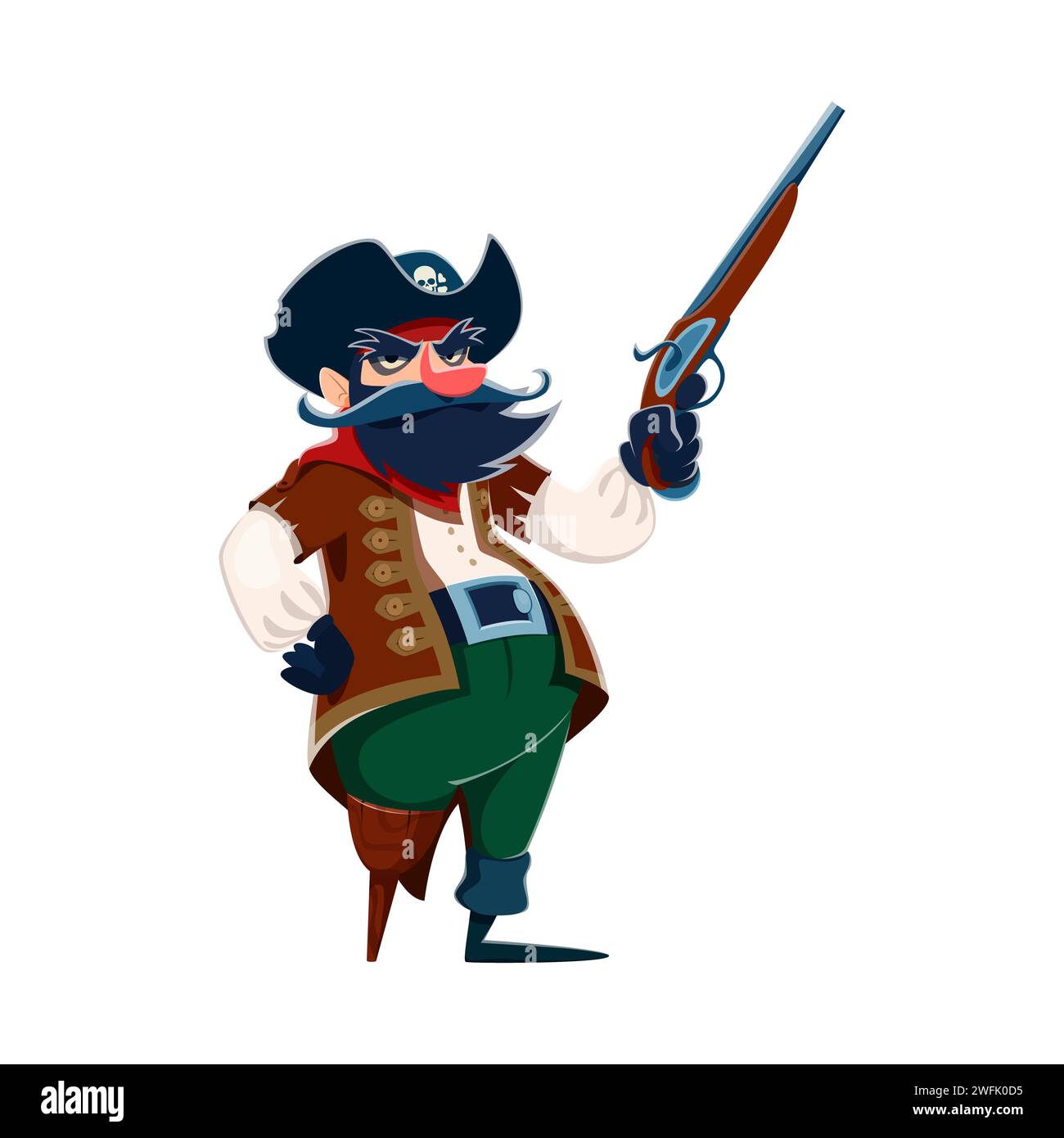 Cartoon pirate captain character with wooden leg and gun. Funny bearded man vector personage of ...
