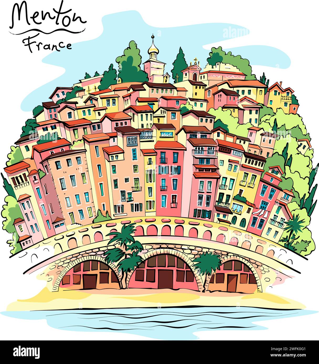 Vector hand drawing. Typical Provencal houses in Menton, Provence ...