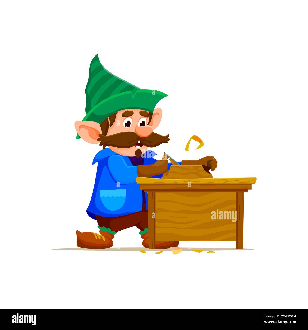 Cartoon gnome or dwarf carpenter character happily whittling wood ...
